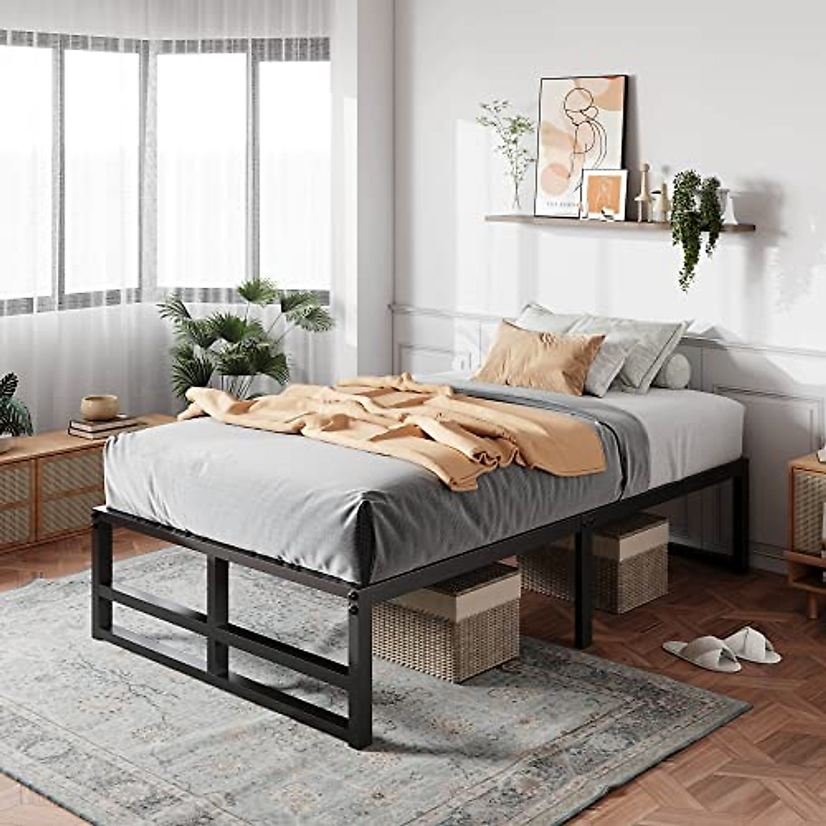 MUTICOR 14'' Metal Platform Twin Bed Frame with Strong Steel Slats Support/Sufficient Storage Space/Mattress Foundation/No Box Spring Needed/Easy Assembly