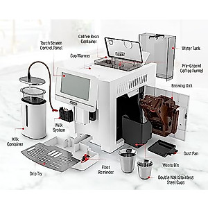 Zulay Magia Super Automatic Espresso Machine with Grinder - Espresso Maker with Milk Frother & Insulated Milk Container- Cappuccino & Latte Machine - Touch Screen, 19 Coffee Recipes, 10 User Profiles