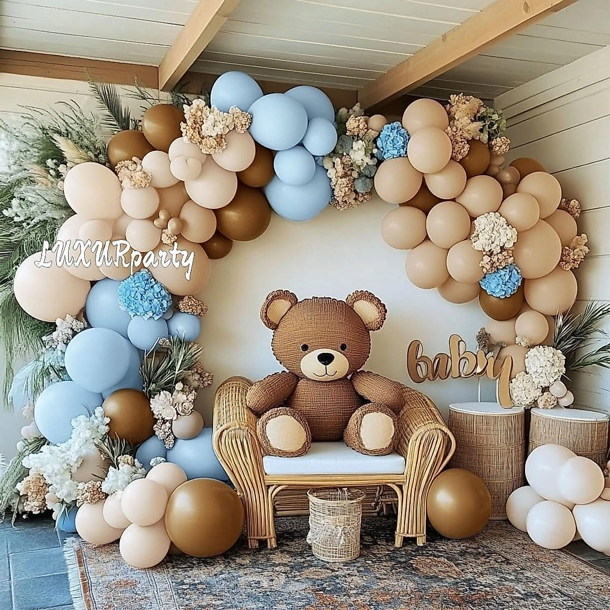 Blue Brown Nude Balloon Garland Double Stuffed Dusty Blue Coffee Pastel Balloon Kit for Teddy Bear Baby Shower Boy Birthday Gender Reveal Boho Theme Party Decorations
