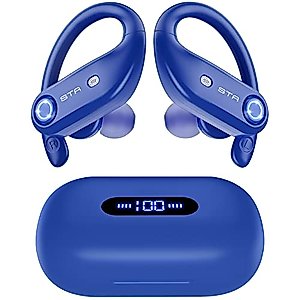 STADOR Bluetooth Headphones 4-Mics Clear Call 100Hrs Playtime with 2200mAh Wireless Charging Case Wireless Earbuds Sweatproof Waterproof Over Ear Earphones for Sports Running Workout Gaming Blue
