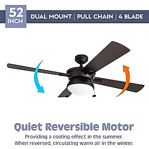 Prominence Home Auletta, 52 Inch Contemporary Indoor Outdoor Ceiling Fan with Light, Pull Chain, Dual Mounting Options, Dual Finish Blades, Reversible Motor - 50345-01 (Matte Black)