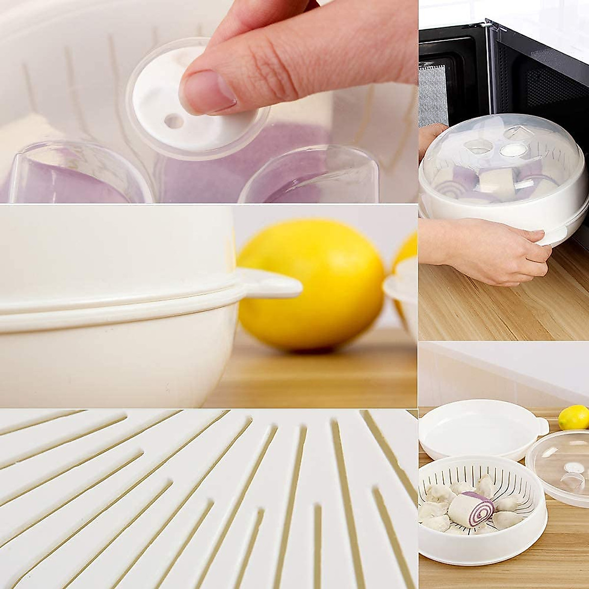 1-Tier Microwave Steamer Heating Steamer for Home Kitchen White (Round)