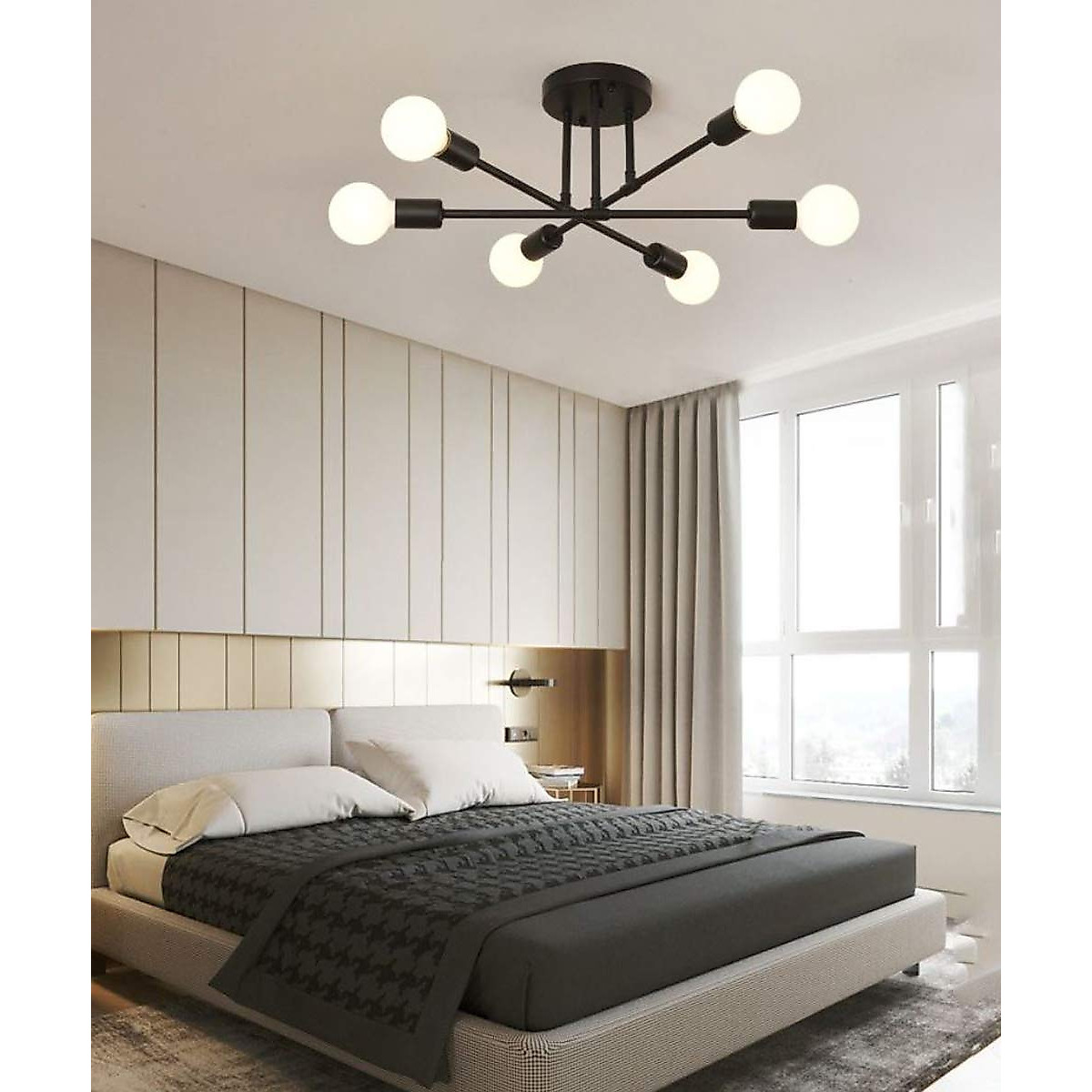 Dellemade Modern Sputnik Chandelier, 6-Light Ceiling Light, 6 LED Light Bulbs Included for Bedroom,Dining Room,Kitchen,Office (Black)