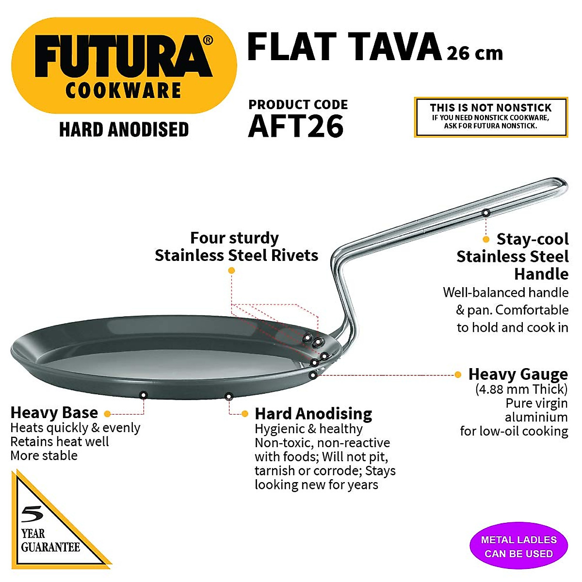 Futura Hard Anodised Flat Tava Griddle, 10-Inch, 4.88mm with Steel Handle, Black