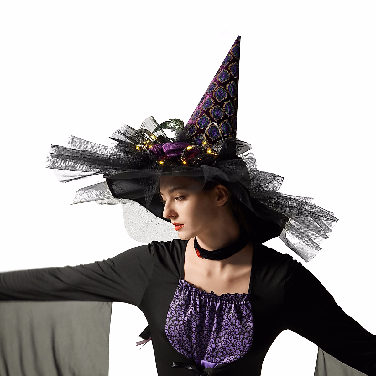 QinYing Purple Halloween Costume Witch Hats for Women Steeple Top with LED Lights for Party Purple