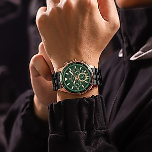 REWARD Mens Wrist Watches Fashion Round Dial Business Date Chronograph Luminous Waterproof Big Face Watch for Men Green Black