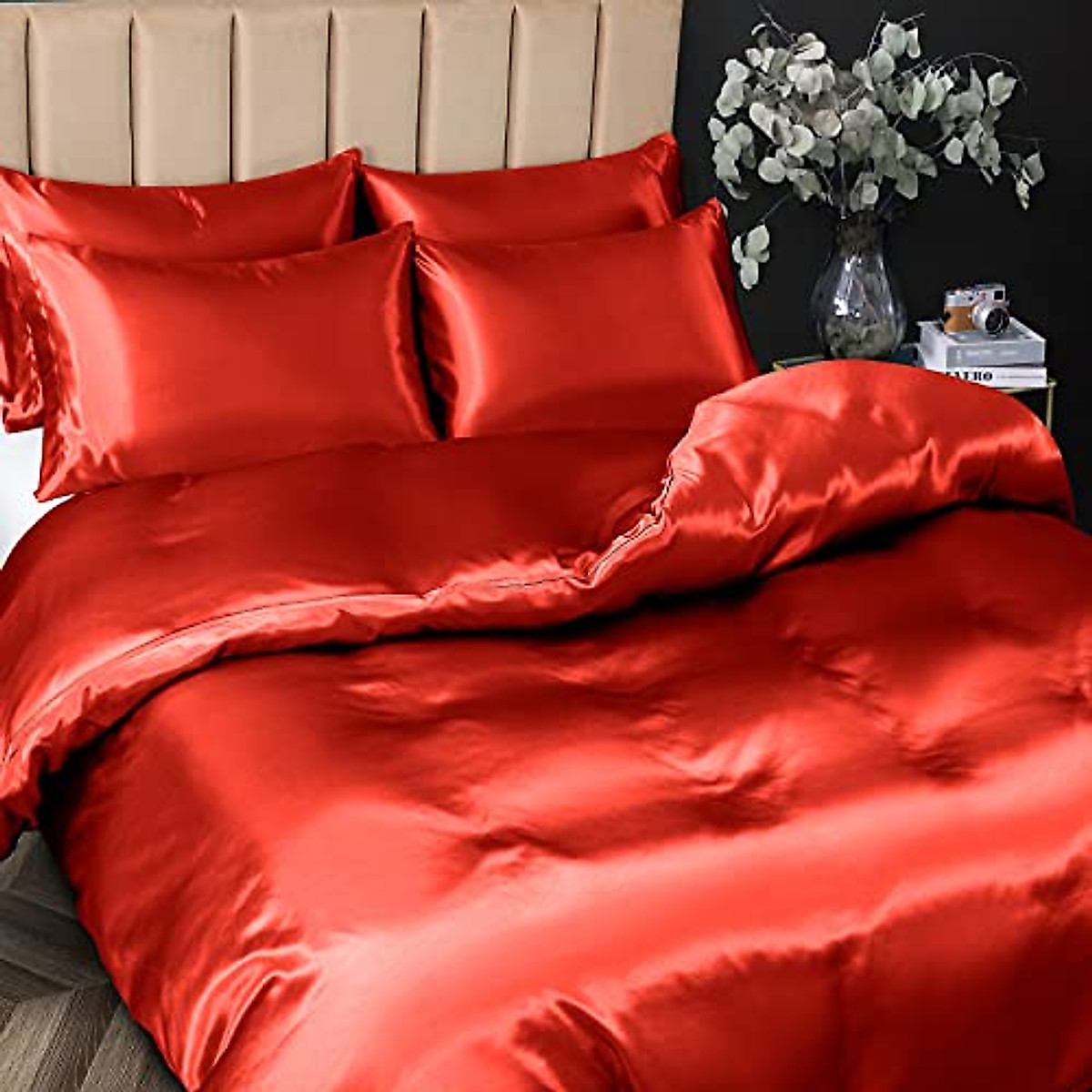 P Pothuiny 5 Pieces Satin Duvet Cover Full/Queen Size Set, Luxury Silky Like Red Duvet Cover Bedding Set with Zipper Closure, 1 Duvet Cover + 4 Pillow Cases (No Comforter)