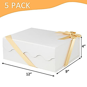zmybcpack 5 Pack White Gift Boxes 12”x9”x4”, Luxury Wedding Gift Boxes Boxes Collapsible Magnetic Closure Gift Box Bulk with Thank You Card & Envelopes, Champagne Gold Ribbon For Wedding, Birthday