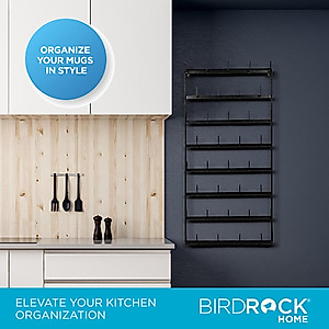 BirdRock Home 36 Peg Mug Rack for Wall - Coffee Tea Cup Glass Storage Holder - Coffee Bar Display Décor - Decorative Kitchen Organizer - Heavy Duty Rack - Flat Black Metal Steel