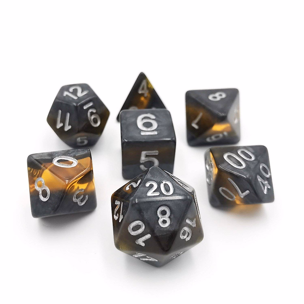 20 Forgotten Amber - 7 Piece Polyhedral DND Dice Set by D20 Collective - Black and Amber Swirled Acrylic Dice for Table Top Dungeons and Dragons RPGs and Gaming - D&D Dice Sets