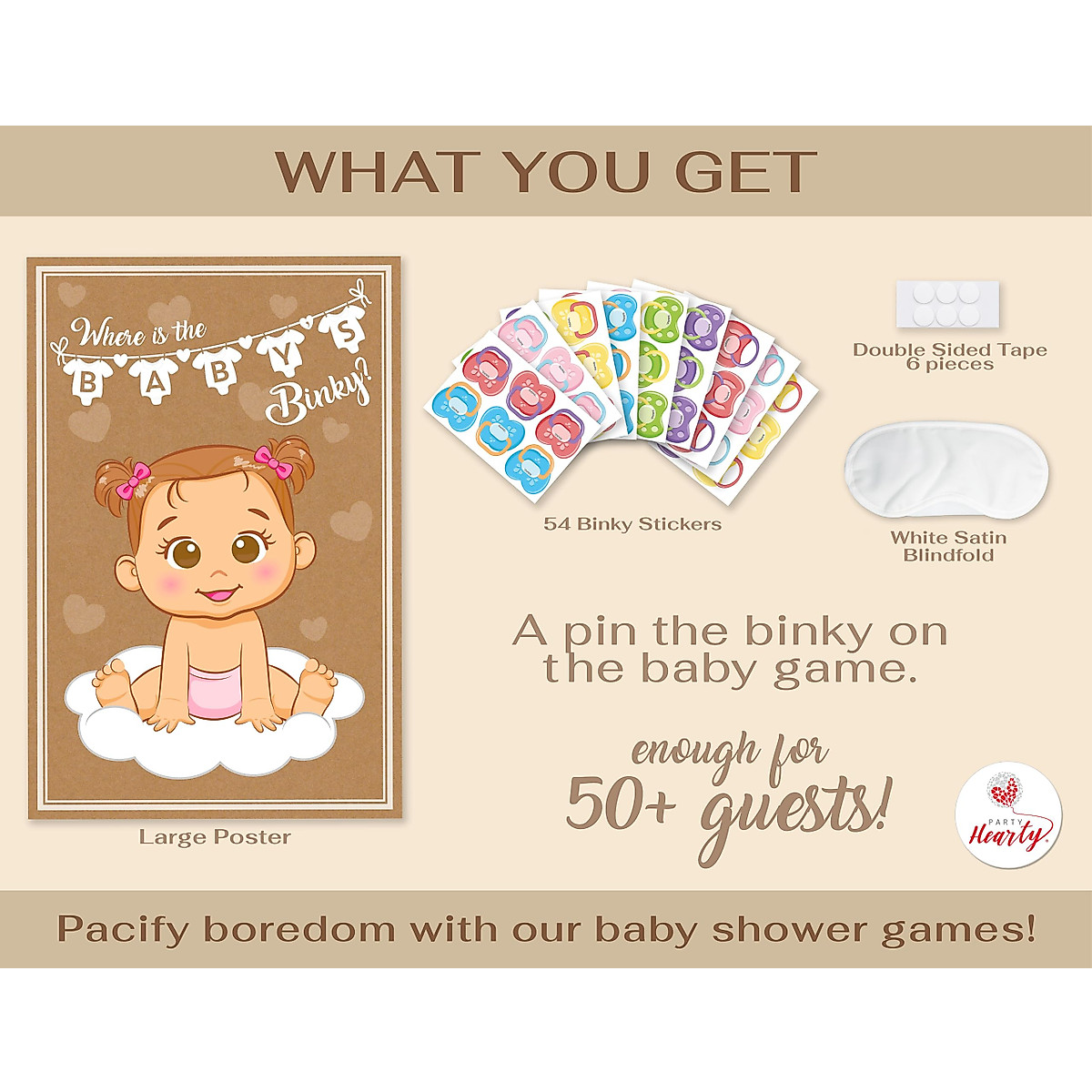 Party Hearty Funny Baby Shower Games for Girl, Pin The Pacifier on The Baby Game, Where is The Baby’s Binky, Pin The Dummy on The Baby