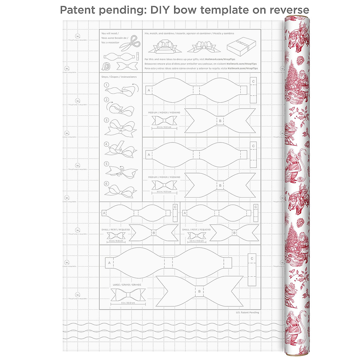 Hallmark Holiday Wrapping Paper with Cutlines and Optional DIY Bow Templates on Reverse (3 Rolls: 120 Sq. Ft. Ttl) Red Toile, Black and White Buffalo Check, Christmas Plaid