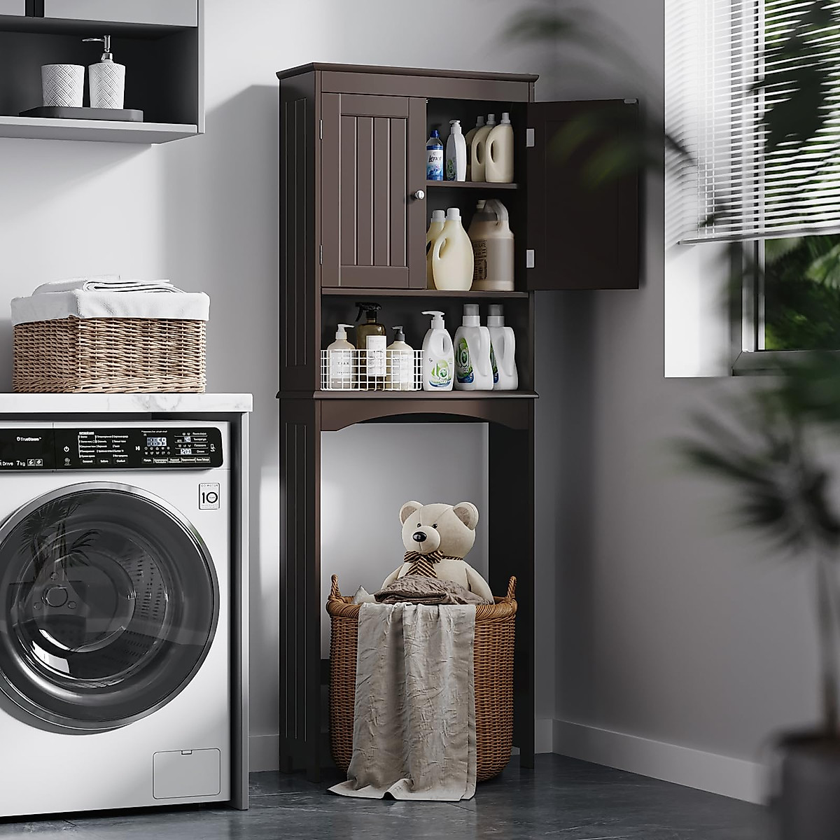 Bealife Over The Toilet Storage Cabinet with Open Shelf, Over Toilet Bathroom Organizer with Adjustable Shelf and Double Doors, Over The Toilet Storage Shelf Free Standing for Bathroom - Espresso