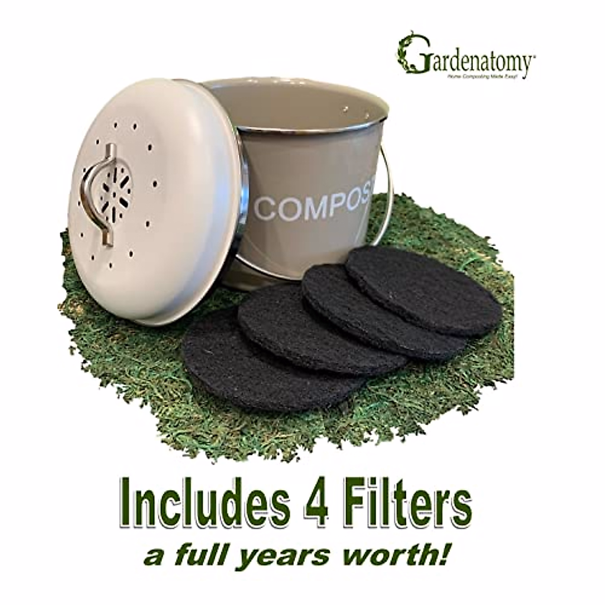 Compost Bin for Kitchen Countertop with Lid - Indoor Bucket for Food Scraps, Decorative Recycler Pail for Home Composting. Grey and White Country Kitchen Decor by Gardenatomy