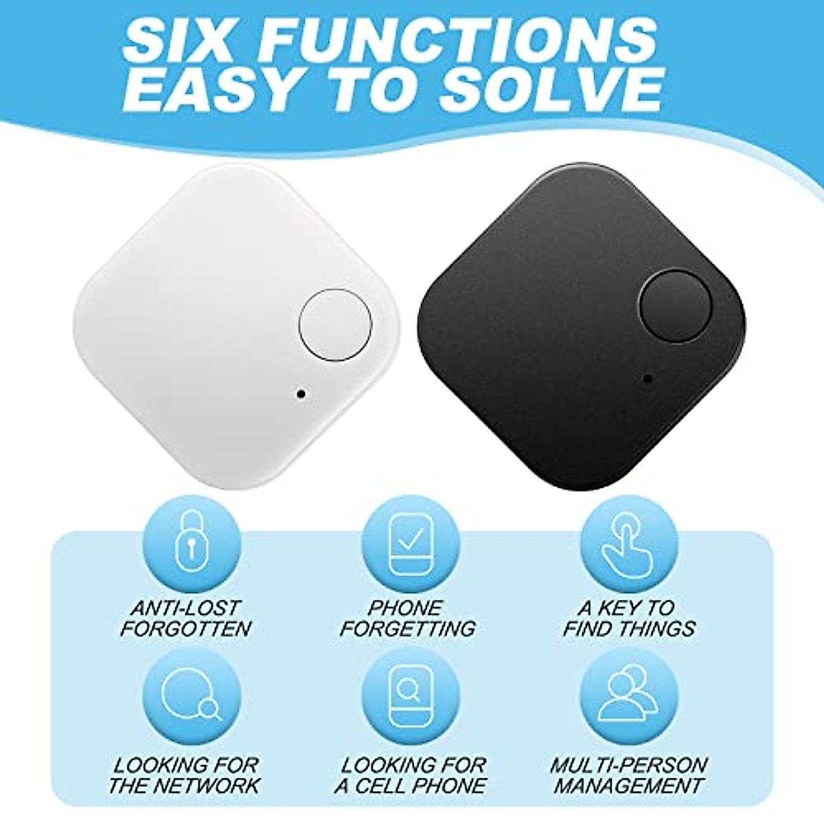 6 Pack Key Finder Bluetooth Tracker Smart Item Locator Tracking Luggage Tracker GPS Anti Lost Bluetooth Phone Tracking Device App Control Item Finders with Ropes for Wallet Kids Dog Remote Black White