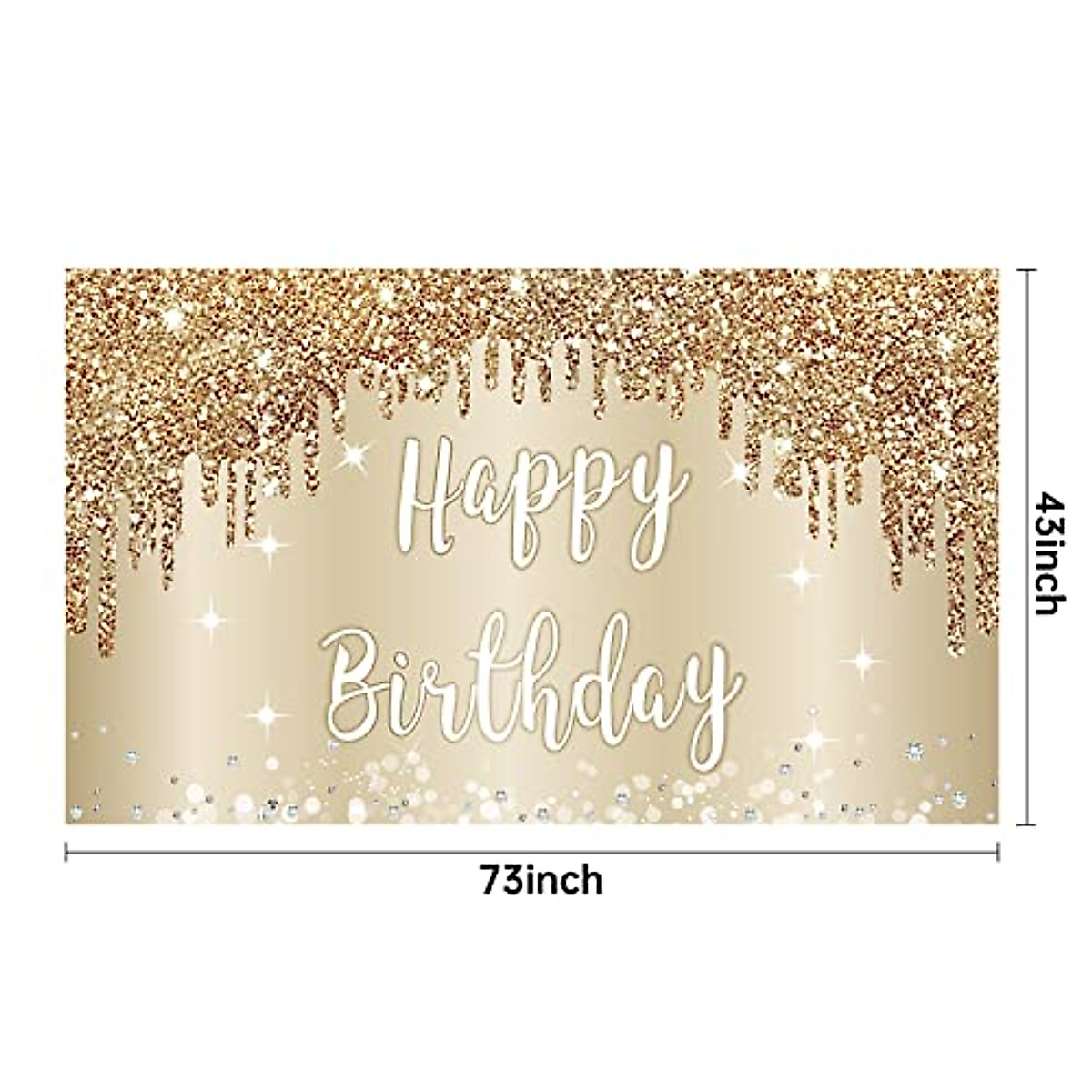 Gold White Happy Birthday Banner Decorations for Women Girls, Gold Glitter Happy Birthday Backdrop Party Supplies, 16th 18th 21st 30th 40th 50th 60th Birthday Background Poster Decor(72.8 x 43.3 Inch)