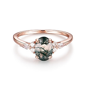 ITI KUOLOLIT Natural Moss Agate Ring Sterling SilverWedding Engagement Ring Green Agate Promise Wedding Rings for Women 6*8 Oval (Moss agate White, 8)