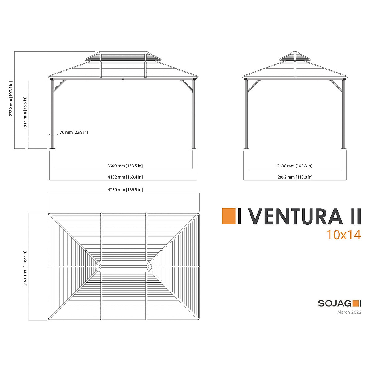 Sojag 10' x 14' Ventura II Hardtop Gazebo Outdoor Weather-Resistant Aluminum Frame Sun Shelter
