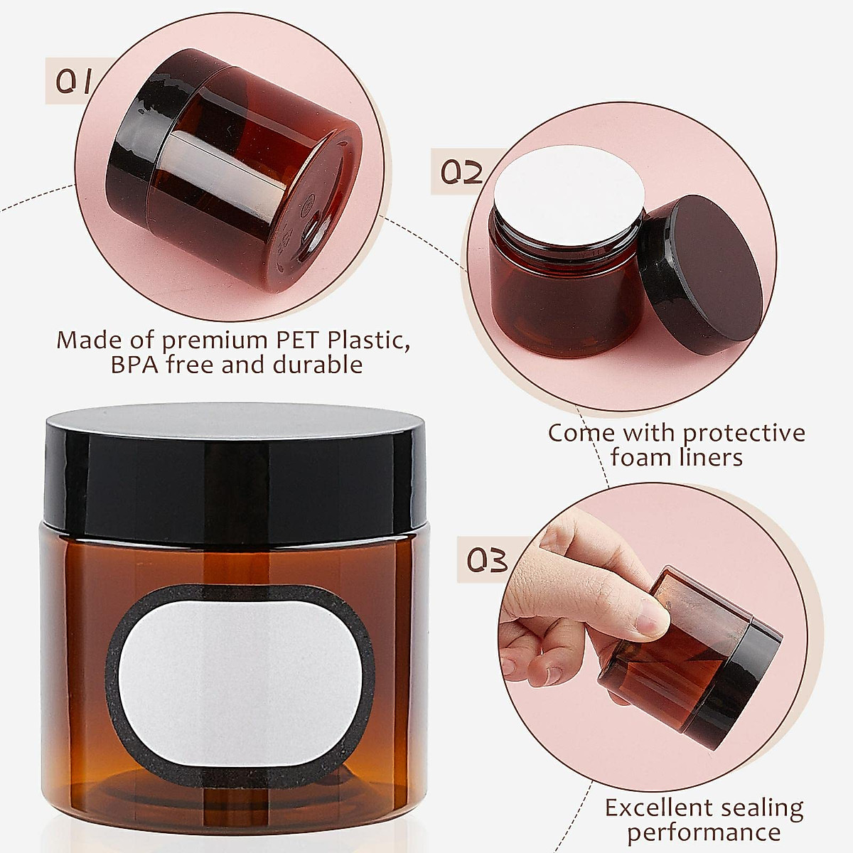 20 Pack 2 oz Amber Plastic Jars with Lids and Labels, Empty Salve Containers Refillable Cosmetic Jars for Creams, Lotion, Body Scrubs