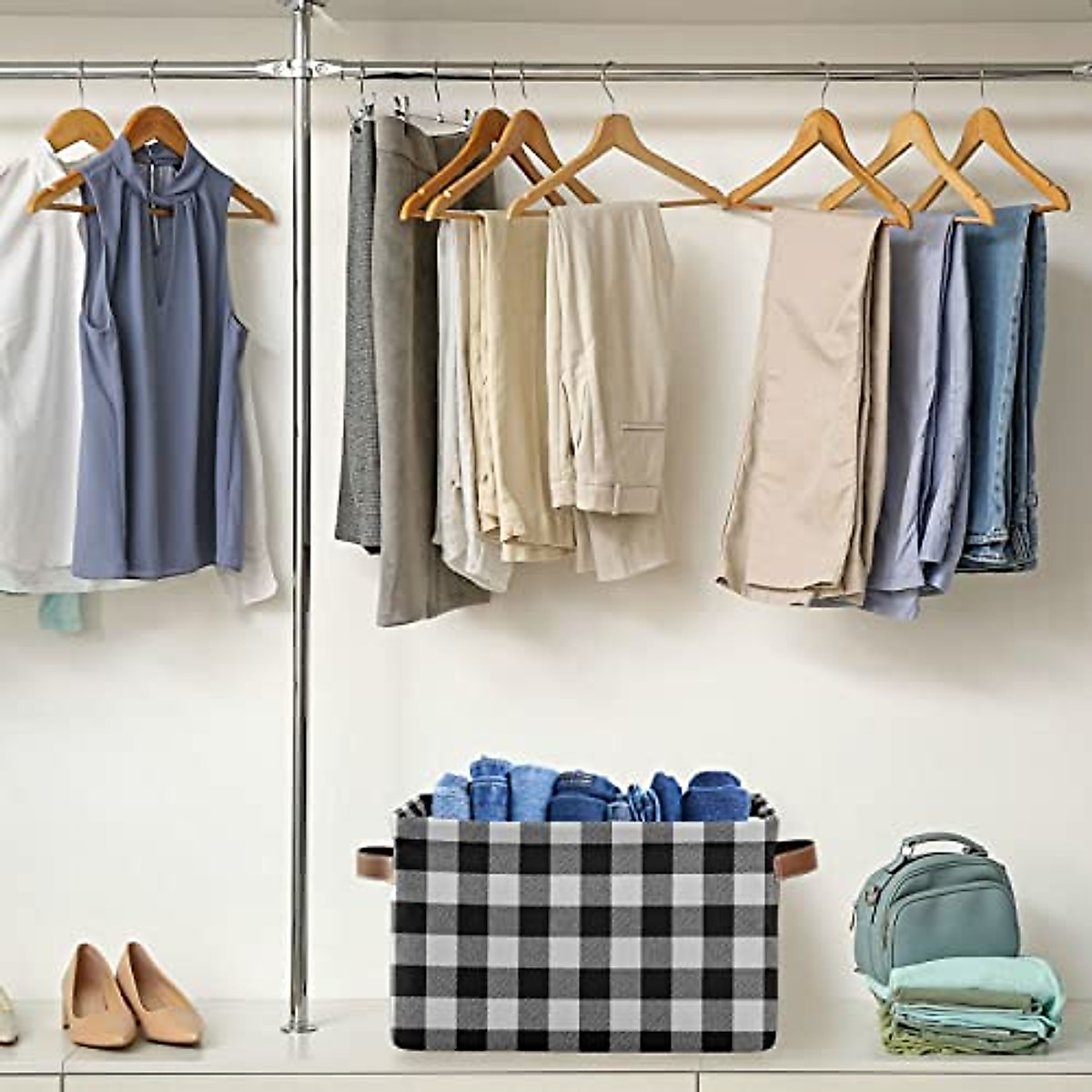 Kigai Black and White Buffalo Plaid Storage Basket with Handles Collapsible Storage Bins Canvas Fabric Storage Organizer for Shelves Closet Bedroom Living Room 1Pack