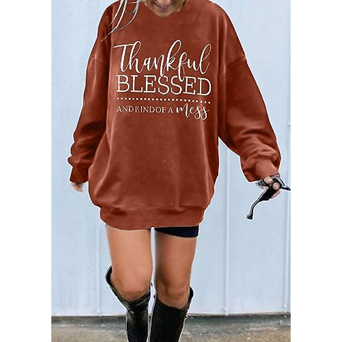KIMSOONG Oversized Thanksgiving Sweatshirts for Women Thankful Blessed and Kind Of a Mess Sweatshirt Thanksgiving Shirt Brown