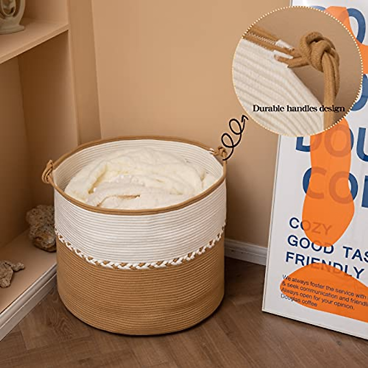 KEBEIYA Large23.62x17.31x23.62 inch Blanket Storage Basket, Woven Baby Laundry Basket with Built-in Handles for Blanket Storage, Nursery Basket Soft Storage Bins