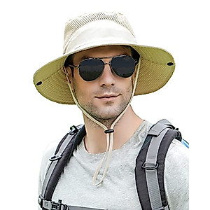 Koreshion Mens Womens Sun Hat Wide Brim Breathable Mesh UPF 50+ Bucket Hat Waterproof Fishing Hat Quick-Drying Safari Hat Foldable Boonie Cap Outdoor Sun Protection Cap Khaki