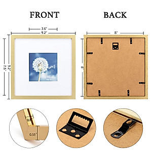 HEART ART 8x8 Gold Picture Frame Set of 9, Display Pictures 4x4 with Mat or 8 x 8 without Mat, Multi Collage Gallery Square Gold Photo Frames for Wall