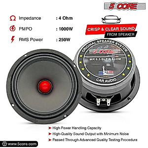 5 CORE 6.5" Inch Mid-Range Replacement Pro Audio Car Speaker 1600W Max 4 Ohms and 2.8 Inch Super Tweeter 2 Pieces - MR6.5-4oHMX2Pcs+TW-BULLET180X2Pcs
