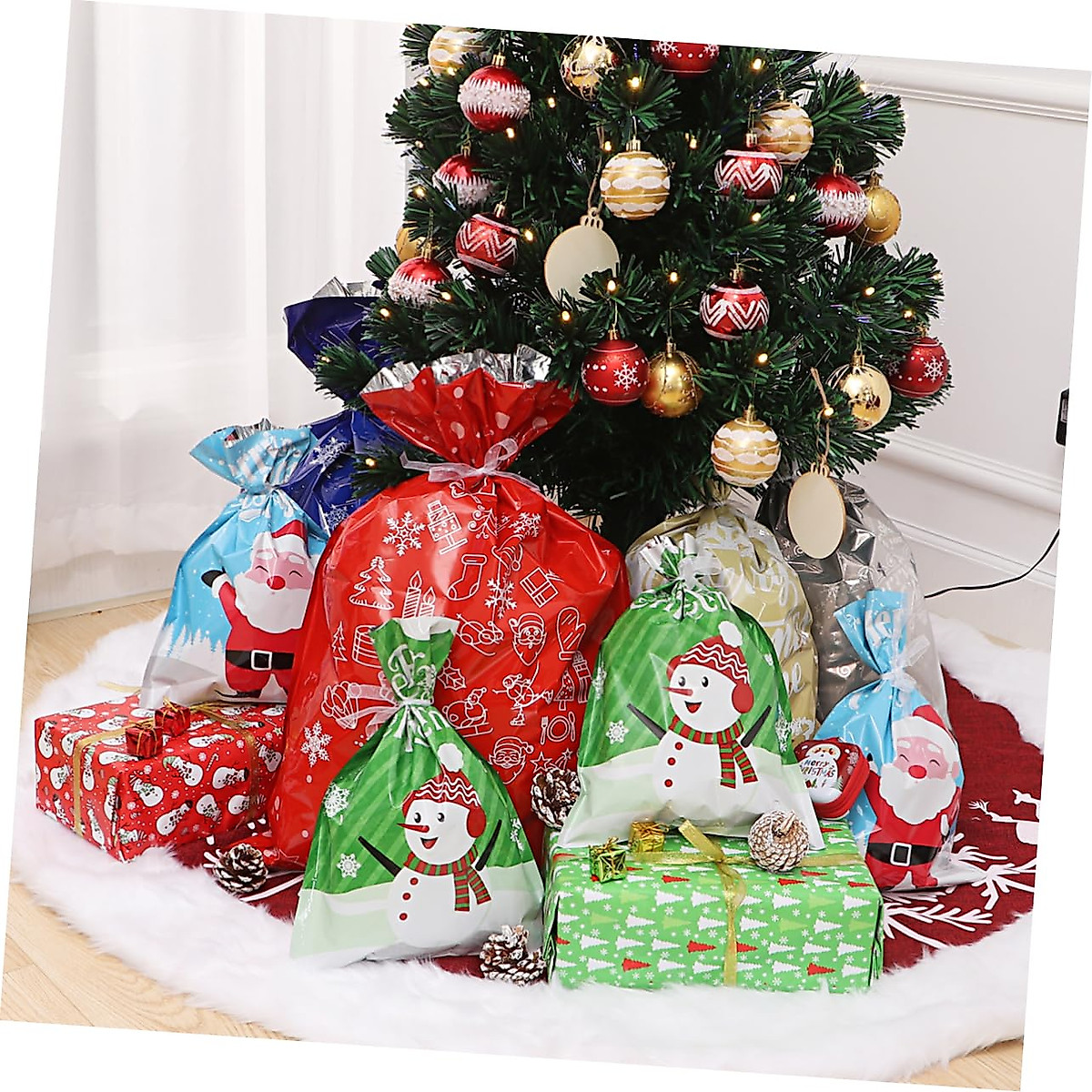 Christmas Bags Large Size Christmas Wrapping Assorted Styles Christmas Goody Bags with Ribbon Ties for Christmas Party Xmas Holiday 30PCS