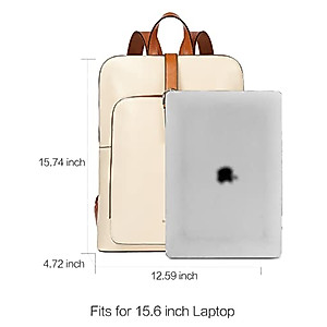 BOSTANTEN Leather Laptop Backpack for Women, 15.6 inch Computer Backpack College Business Large Daypack Work Travel Bag Beige with Brown