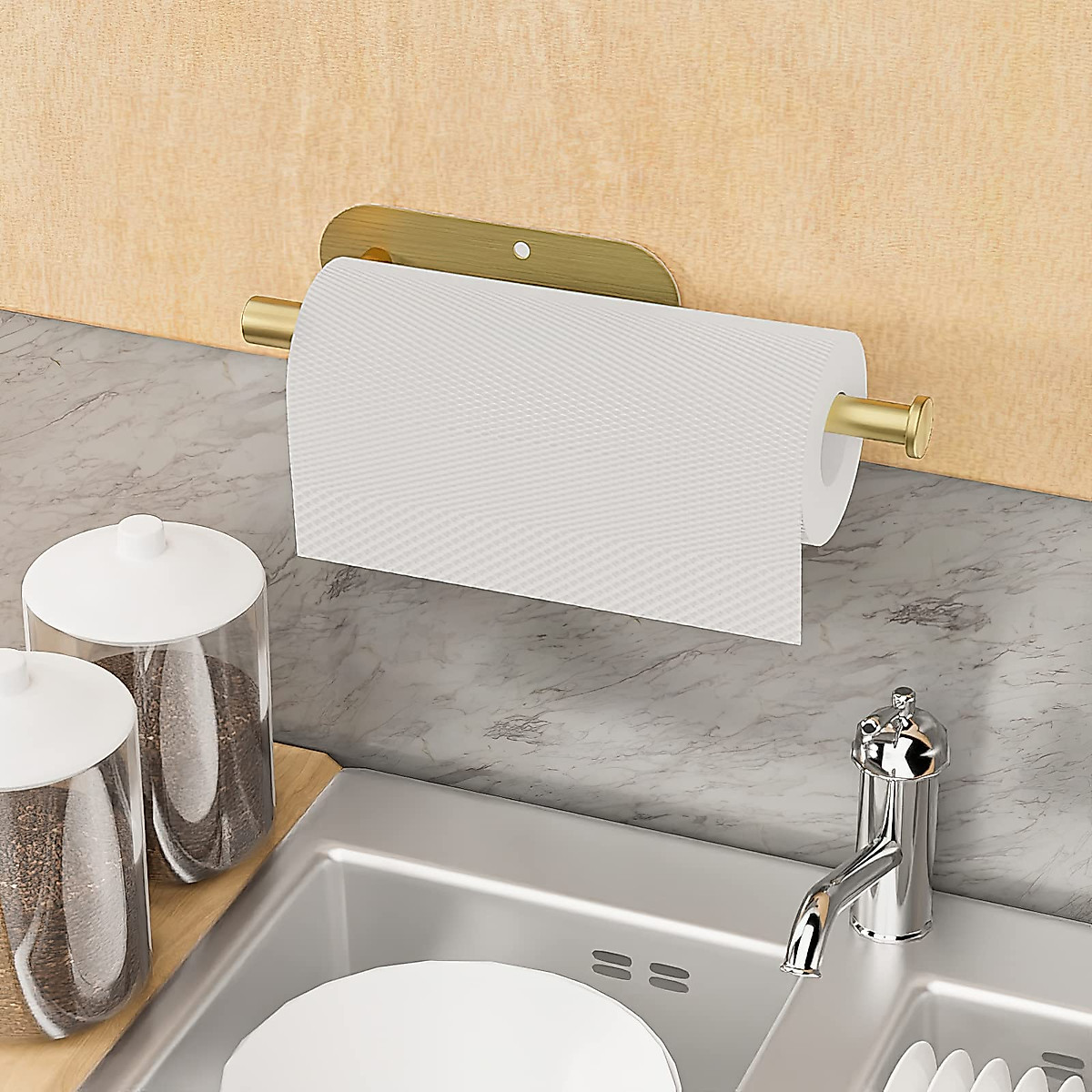 Youdian Adjustable Paper Towel Holder Under Cabinet,Under Counter Paper Towel Holder Wall Mount for Kitchen Bathroom Organization Storage,Adhesive and Screws,Stainless Steel,14.76 inch with 5 Hooks