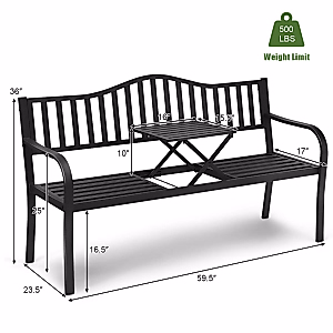 Giantex Patio Bench w/Pullout Middle Table, Outdoor Benches, Garden Bench, Front Porch Bench, Pool Deck Bench, Loveseat Chair, Patio Seating for 2-3 Person, Metal Benches for Outside (Black)