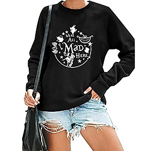 Alice in Wonderland Sweatshirt Women Vintage Mad Hatter Shirt Magic Kingdom Pullover Vacation Long Sleeve Tops Black