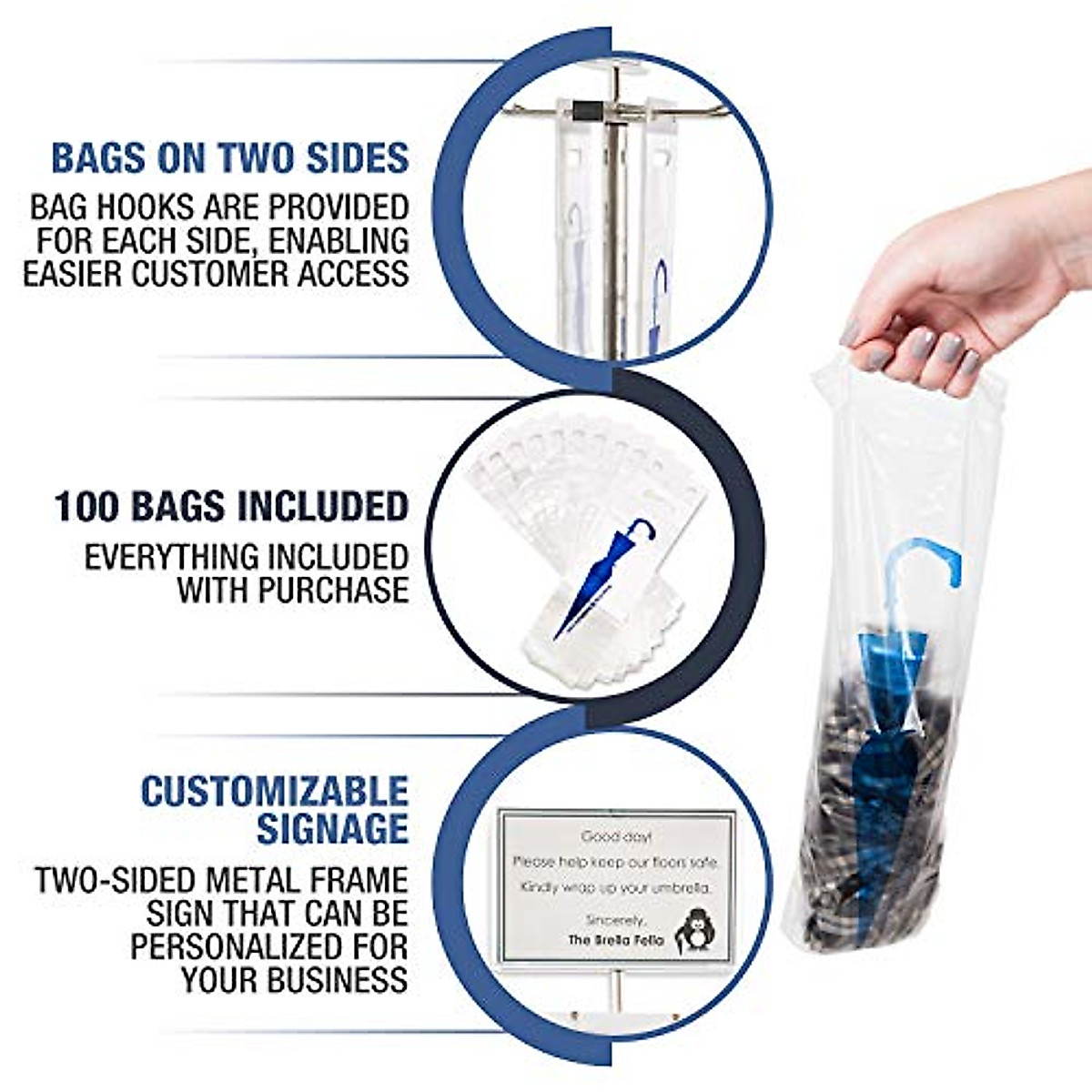 Brella Fella Umbrella Bag Wrapper Station with Sign Frame - Wrap Umbrellas for Rain - Be Safe, Wrap it up! - 100 Long Bags Included