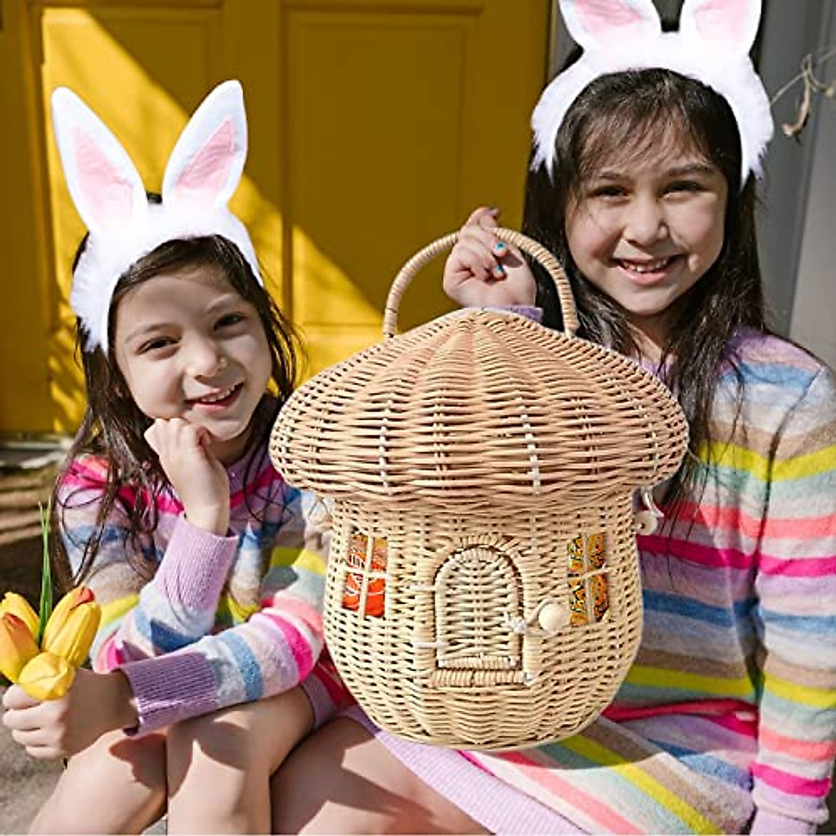 CHADWICK Easter Basket for Kids - 12 Inch Wicker Bunny Basket with Handle & Lid, Mushroom Shape Portable Easter Baskets for Eggs, Candy Storage, Picnic, Desktop Decoration, Party Gifts, Photo Props
