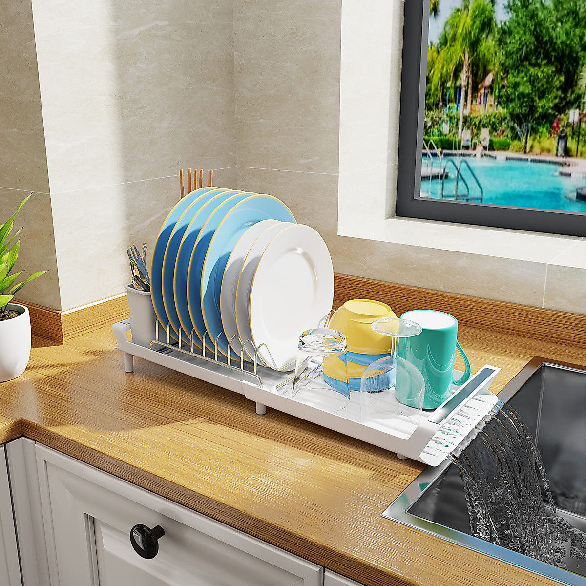 PETXPERT Dish Drying Rack, Expandable Dish Rack for Kitchen Counter with Utensil Holder, Stainless Steel Small Dish Drainer Organizer with Drainboard for Kitchen in Sink (Grey)