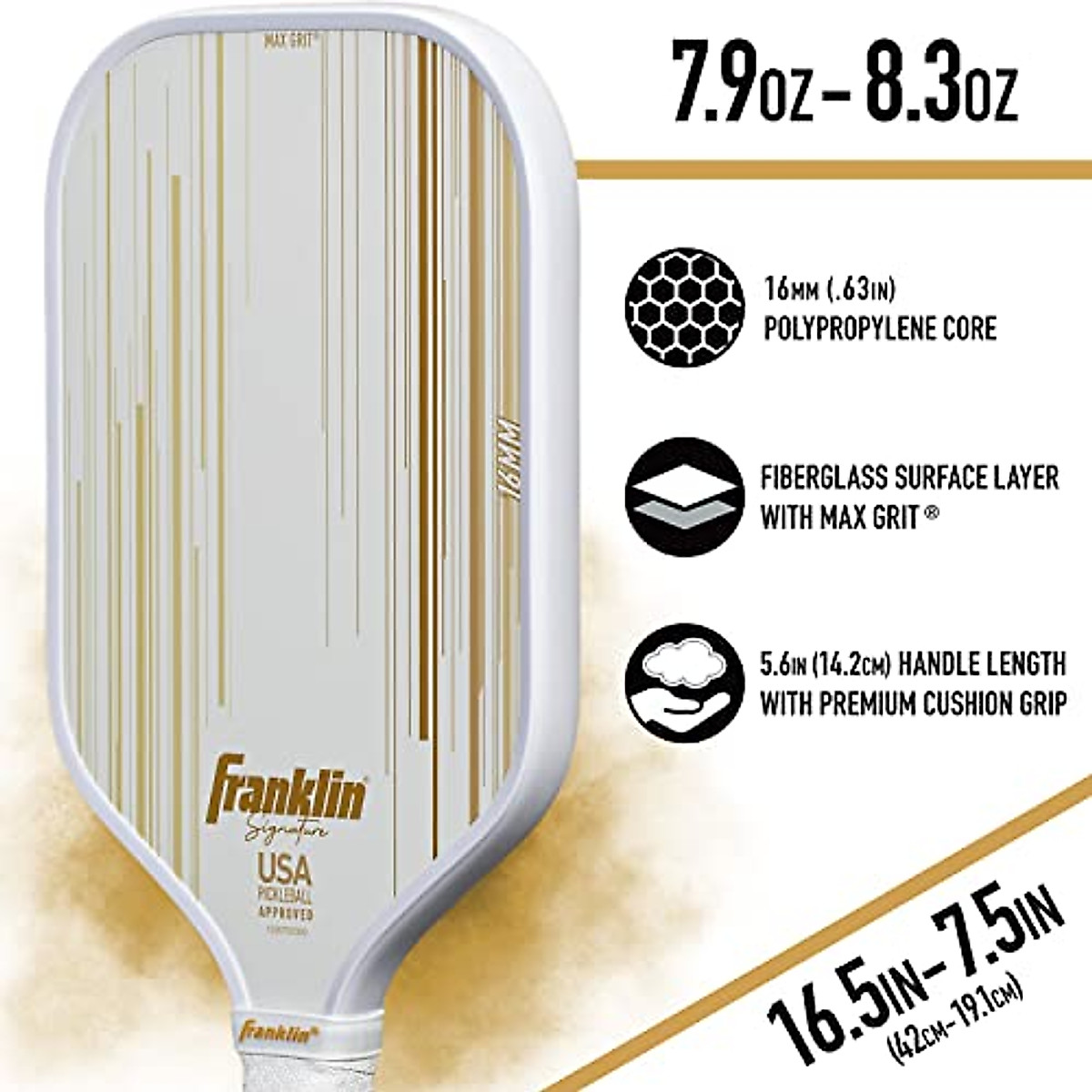 Franklin Sports Pro Pickleball Paddles - Signature Series Pro Pickleball Paddle with MaxGrit Surface - USA Pickleball (USAPA) Approved Tournament Pickleball Paddle - 13mm Polypropylene Core - Gold