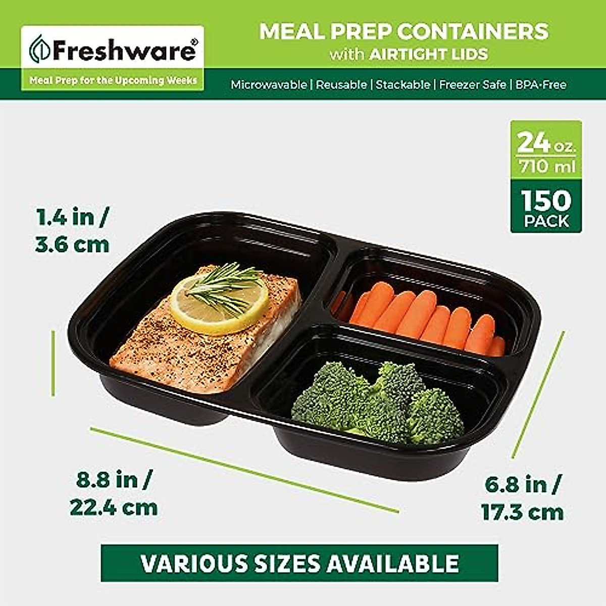 Freshware Meal Prep Containers [150 Pack] 3 Compartment with Lids, Food Storage Containers, Bento Box, BPA Free, Stackable, Microwave/Dishwasher/Freezer Safe (24 oz)