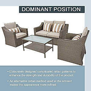 SOLAURA Patio Furniture Set Outdoor Conversation Set All Weather Wicker Furniture 4 Pieces Sectional Sofa Set with Tempered Glass Coffee Table-Gray