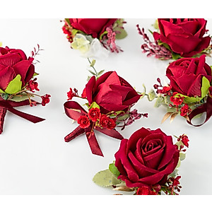 YSOJMAN Corsage and Boutonniere Set for Groom Bride Groomsmen Bridesmaids Wedding Party Prom, Artificial Roses Flower Boutonniere for Men Wedding Mother Grandmother for Bridal Shower Prom (Burgundy)