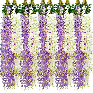 Artificial Wisteria Hanging Flowers 3.6 ft Artificial Fake Wisteria Vine Rattan Hanging Garland Silk Flowers String for Wall Home Wedding Party Greenery Decorations (Purple, White,24 Pcs)
