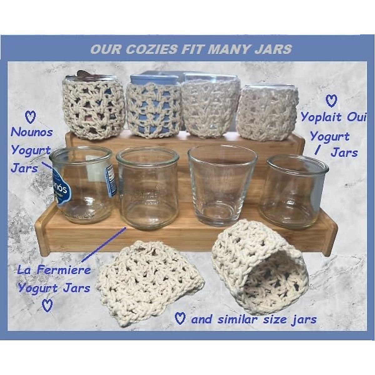 4 Jar Cozies/Sleeves/Jackets/Huggers That Fit Yogurt Jars and Dessert Jars Like Oui Yogurt Jars, La Fermiere Yogurt Jars, Nounos Yogurt Jars - Handmade in USA – All Natural Eco Materials - 4 pc set