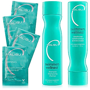 Malibu C Swimmers Wellness Collection - Swimmers Shampoo and Conditioner Set + Hair Mask Packets - Moisturizing, Shine Restoring Hair Care Kit - Protects Hair Discoloration from Pool Elements (6 Ct)