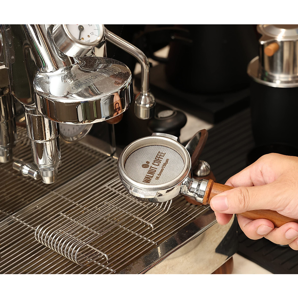 2Packs 58.5mm Espresso Puck Screen | Handmade Walnut Stand | 1.7mm Thickness 150μm 316 Stainless Steel