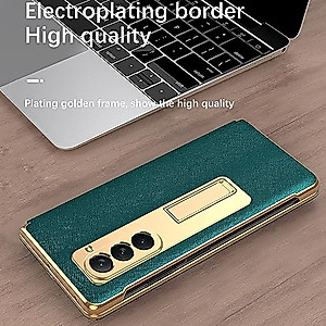 lefeda Leather Case for Samsung Galaxy Z Fold 5, Full Body Protection Electroplated Case with Tempered Glass Screen and Hidden Stand Shockproof Phone Cover,Gold