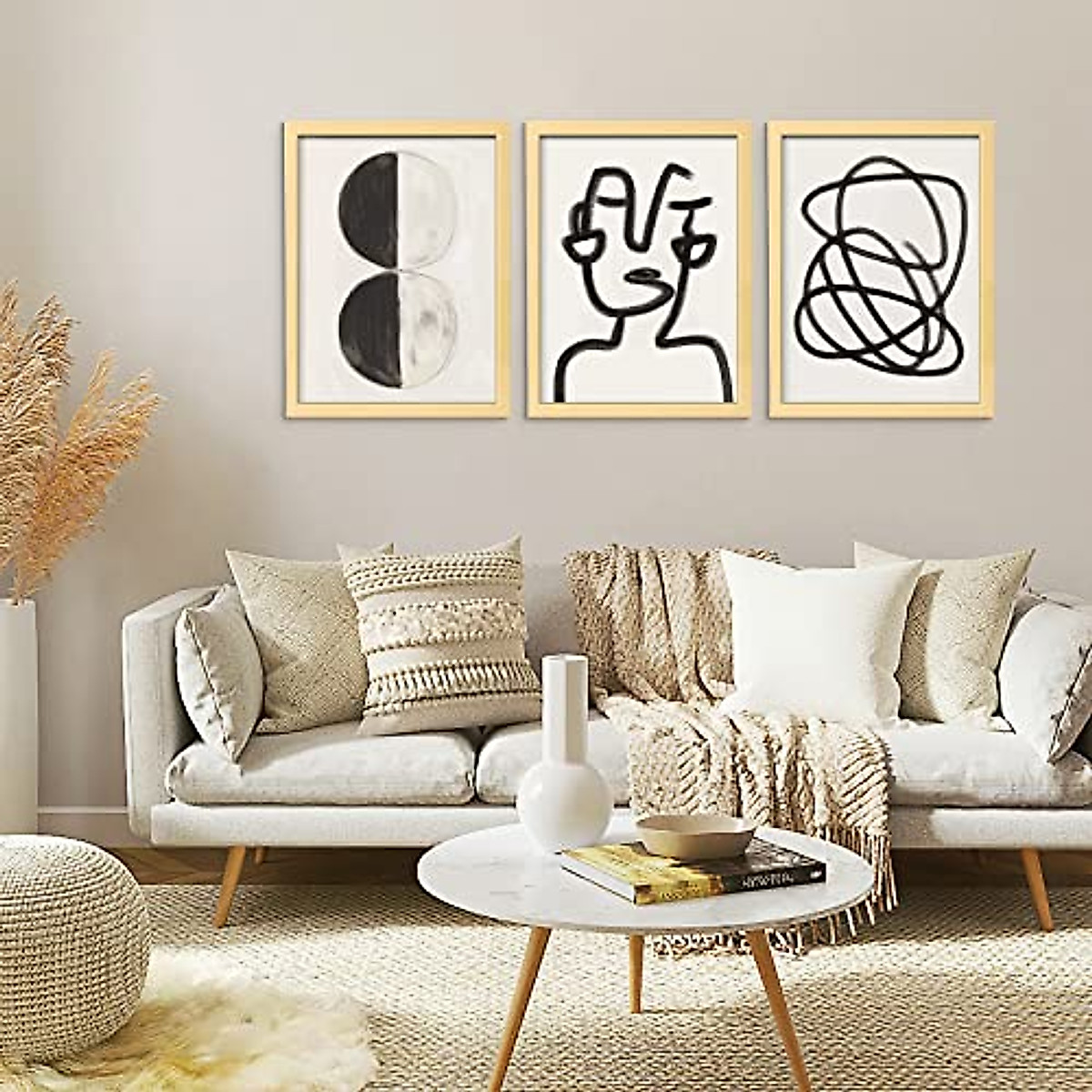 ArtbyHannah 11x14 Framed Abstract Wall Art Set of 3 with Minimalist Black Line Prints for wall decor