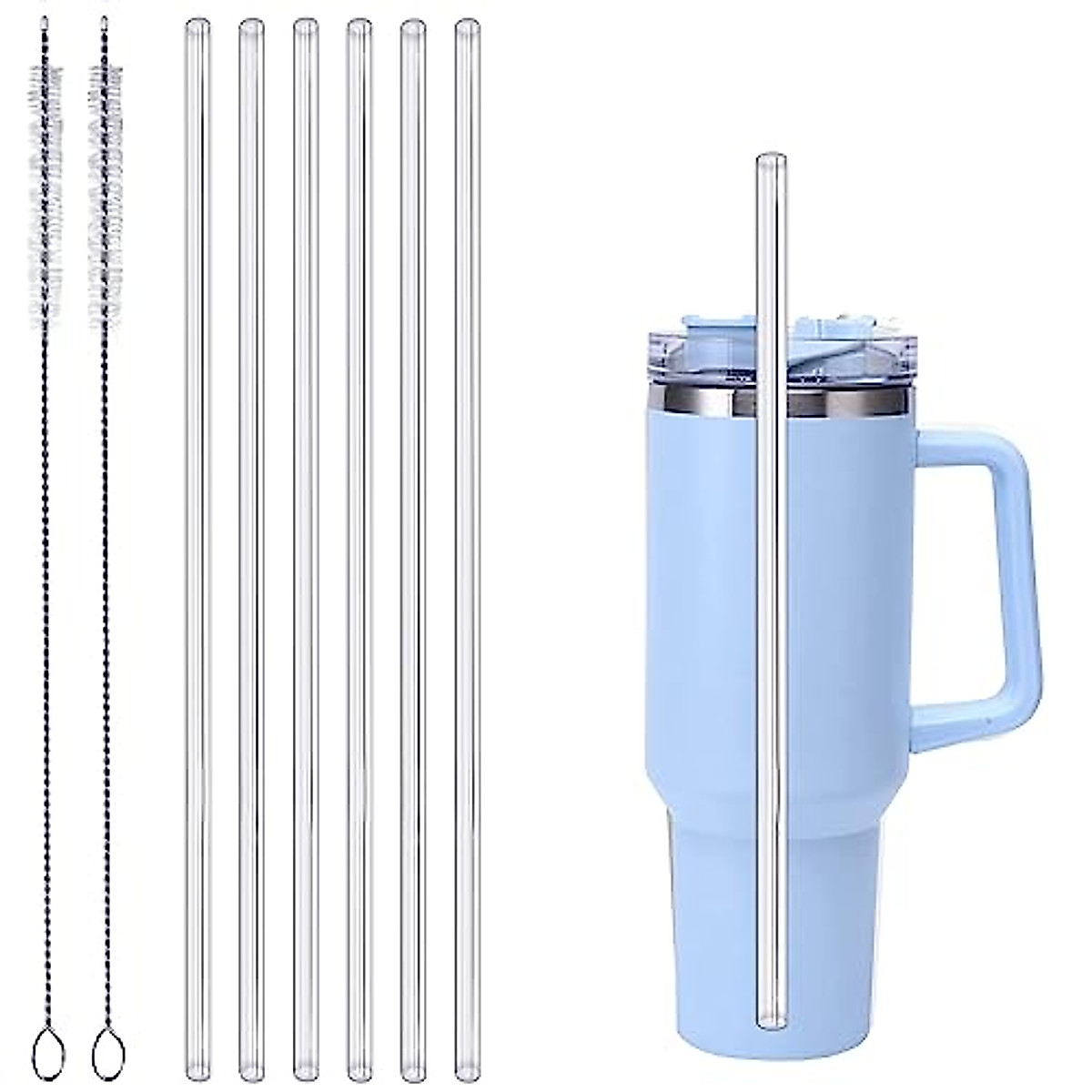 Replacement Glass Straws for Stanley 40 oz 30 oz Tumbler, 6 x 12 inch Long Straight Drinking Reusable Glass Straws for Bottles, Bring 2 Cleaning Brushes, Dishwasher Safe - Eco-Friendly.