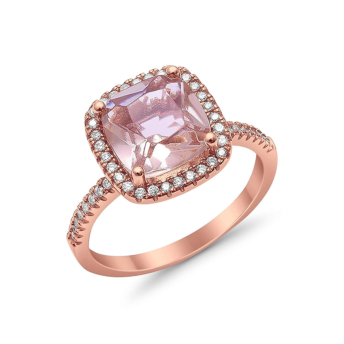Blue Apple Co. Sterling Silver Halo Solitaire Ring Rose Tone Rhodium PL Cushion Cut Simulated Morganite Clear CZ accent