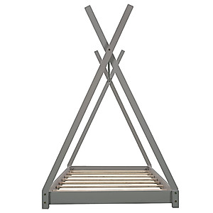 Twin House Bed, Floor Bed, Tent Bed, Wood Platform Bed Frame with Roof for Toddlers Kids Boys Girls Teens, No Box Spring Needed – Gray